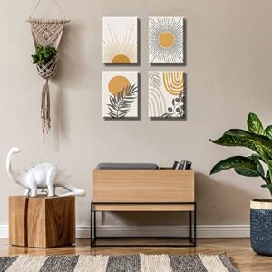 Abstract Bohemian Wall Art Sun Prints - Boho Line Poster Pictures Mid Century Canvas Artwork Framed 12x16 Inches Plant Leaf Minimalist Painting Home Decoration for Bedroom Bathroom Living Room Decor