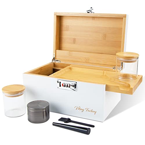 Viking Factory Large Bamboo Box Tray Set with Combination Lock Decorative Box for Home Smell Proof Storage Box -Premium Removable Tray, Roll Kit and All Accessories