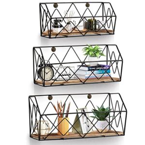 kingrol 3 pack floating shelves wall mounted, metal storage racks, rustic wood shelves for living room, bathroom, kitchen, office, farmhouse decoration