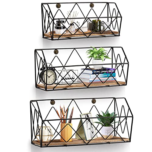 Kingrol 3 Pack Floating Shelves Wall Mounted, Metal Storage Racks, Rustic Wood Shelves for Living Room, Bathroom, Kitchen, Office, Farmhouse Decoration