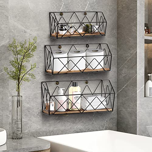 Kingrol 3 Pack Floating Shelves Wall Mounted, Metal Storage Racks, Rustic Wood Shelves for Living Room, Bathroom, Kitchen, Office, Farmhouse Decoration