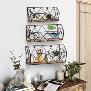 Kingrol 3 Pack Floating Shelves Wall Mounted, Metal Storage Racks, Rustic Wood Shelves for Living Room, Bathroom, Kitchen, Office, Farmhouse Decoration