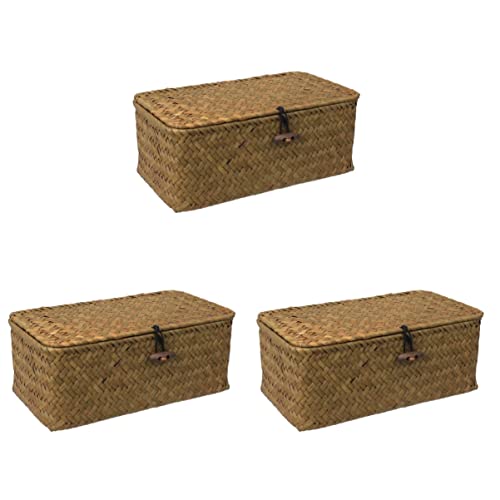 STOBAZA 3pcs Toy Multipurpose Basket, Decor| Lids Room Handwoven Remote Decorative Desk Baskets Basket Seaweed Xx. Bin Seagrass Storage Living Rectangular Shelf Woven Sundries S Cover