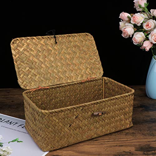 STOBAZA 3pcs Toy Multipurpose Basket, Decor| Lids Room Handwoven Remote Decorative Desk Baskets Basket Seaweed Xx. Bin Seagrass Storage Living Rectangular Shelf Woven Sundries S Cover