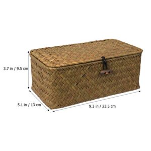 STOBAZA 3pcs Toy Multipurpose Basket, Decor| Lids Room Handwoven Remote Decorative Desk Baskets Basket Seaweed Xx. Bin Seagrass Storage Living Rectangular Shelf Woven Sundries S Cover