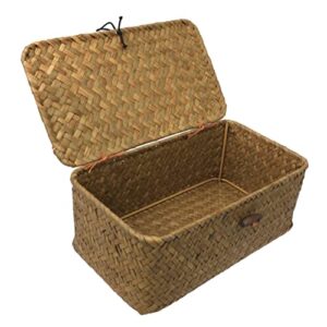 STOBAZA 3pcs Toy Multipurpose Basket, Decor| Lids Room Handwoven Remote Decorative Desk Baskets Basket Seaweed Xx. Bin Seagrass Storage Living Rectangular Shelf Woven Sundries S Cover