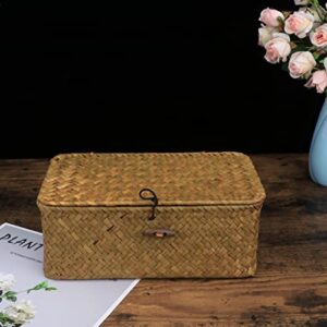 STOBAZA 3pcs Toy Multipurpose Basket, Decor| Lids Room Handwoven Remote Decorative Desk Baskets Basket Seaweed Xx. Bin Seagrass Storage Living Rectangular Shelf Woven Sundries S Cover