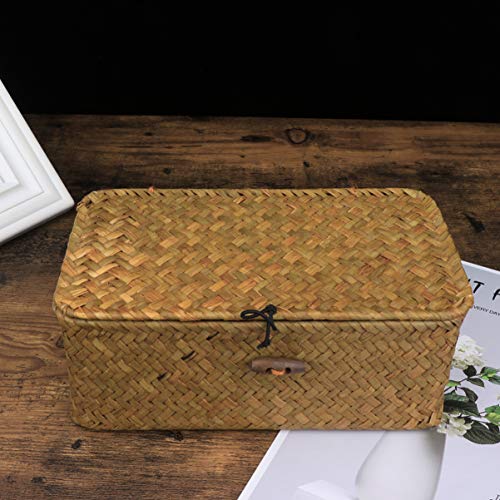 STOBAZA 3pcs Toy Multipurpose Basket, Decor| Lids Room Handwoven Remote Decorative Desk Baskets Basket Seaweed Xx. Bin Seagrass Storage Living Rectangular Shelf Woven Sundries S Cover