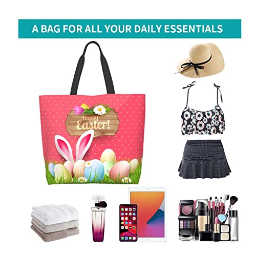 ASYG Easter Bags, Cute Easter Bunny and Eggs Tote Bag for Women Men, Easter Shoulder Bag