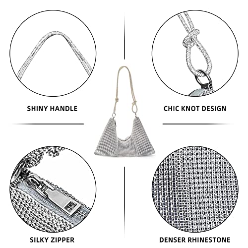 Rhinestone Clutch Purse for Women Sparkly Crystal Evening Handbag Bling Hobo Bag Glitter Shiny Silver Purse for Party, Club, Wedding