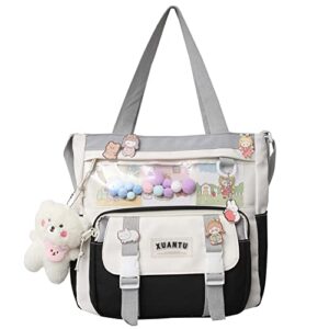 Aesthetic Messenger Bag with Stuffed Pendant and Pins Kawaii Crossbody School Hobo Bag for Women Girls (B-1-Black)