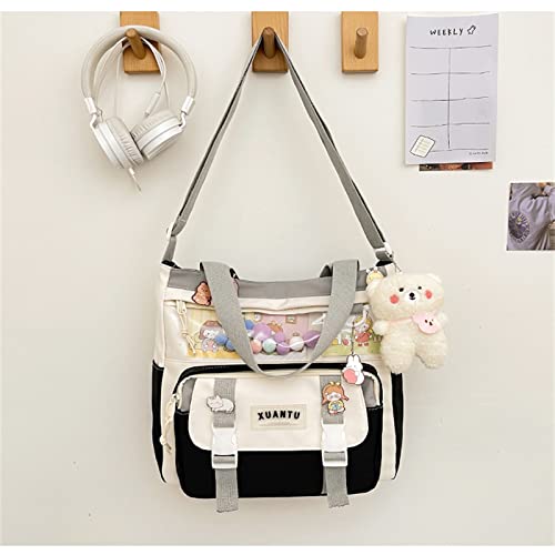 Aesthetic Messenger Bag with Stuffed Pendant and Pins Kawaii Crossbody School Hobo Bag for Women Girls (B-1-Black)