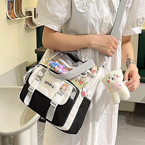 Aesthetic Messenger Bag with Stuffed Pendant and Pins Kawaii Crossbody School Hobo Bag for Women Girls (B-1-Black)