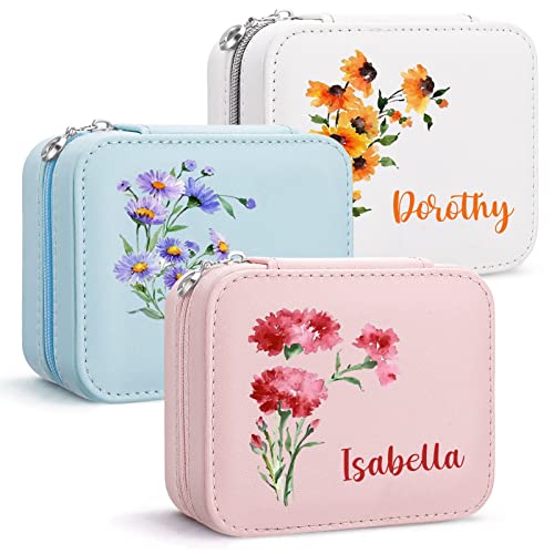 SWIMFUN Bridesmaid Proposal Gifts Custom Leather Jewelry Box, Colorful Birth Flower Travel Jewelry Case Ring Box, Wedding Bachelorette Mom Gifts for Women Girls