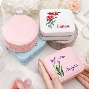 SWIMFUN Bridesmaid Proposal Gifts Custom Leather Jewelry Box, Colorful Birth Flower Travel Jewelry Case Ring Box, Wedding Bachelorette Mom Gifts for Women Girls