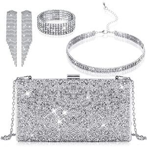 jadive 4 pcs rhinestone clutch purses for women evening, prom purse sparkly bag diamond purse handbag glitter evening bag jewelry set for formal prom parties cocktail banquet wedding (silver)