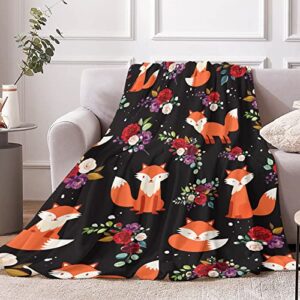 udten fox gifts for women, fox blanket with flower decor, fox gifts for fox lovers fox blankets for girls, fox throw blanket for kids women birthday mother’s day children’s day gifts,60″x50″, black