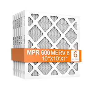 anycore 10x10x1 ac furnace air filter, 6 pack mpr 600 merv 8 pleated hvac ac filter (exact dimensions 9.81×9.81×0.81 inch)