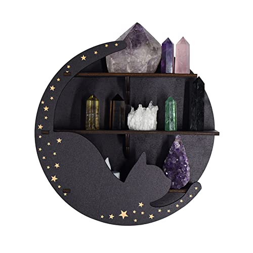 Tzou Wooden Crescent Crystal Display Shelf,Moon Shaped Floating Wall Shelf,Wall Mounted Jewelry Essential Oil Storage Rack,Crystal Holder Wall Decor Shelves for Bedroom Living Room MZ249A