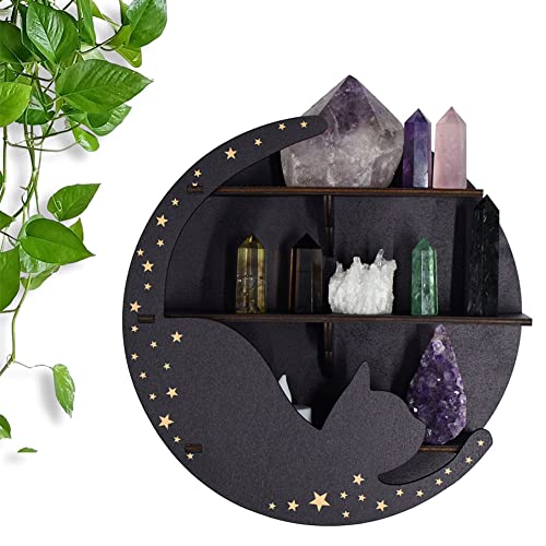 Tzou Wooden Crescent Crystal Display Shelf,Moon Shaped Floating Wall Shelf,Wall Mounted Jewelry Essential Oil Storage Rack,Crystal Holder Wall Decor Shelves for Bedroom Living Room MZ249A