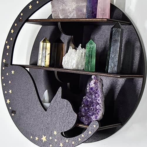 Tzou Wooden Crescent Crystal Display Shelf,Moon Shaped Floating Wall Shelf,Wall Mounted Jewelry Essential Oil Storage Rack,Crystal Holder Wall Decor Shelves for Bedroom Living Room MZ249A