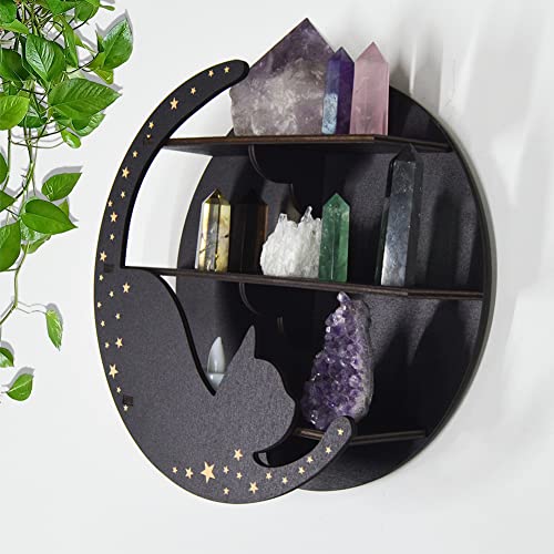 Tzou Wooden Crescent Crystal Display Shelf,Moon Shaped Floating Wall Shelf,Wall Mounted Jewelry Essential Oil Storage Rack,Crystal Holder Wall Decor Shelves for Bedroom Living Room MZ249A