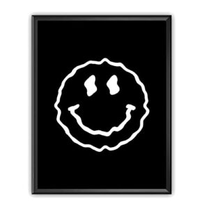 print up smiley poster wave face, trippy room decor, cool modern funny posters for college dorm, grunge black poster 12×16 (unframed)