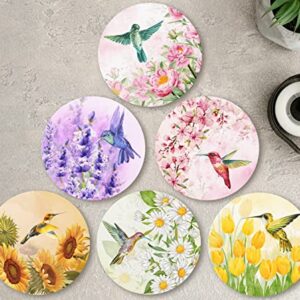 VAATOO Pack 6 Coasters Hummingbird Flower Absorbent Ceramic Coasters with Cork Base Drink Square Single Coaster Coffee Table Cup Car Kitchen Decor Birthday Gifts for Family Women Adults