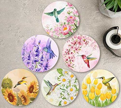 VAATOO Pack 6 Coasters Hummingbird Flower Absorbent Ceramic Coasters with Cork Base Drink Square Single Coaster Coffee Table Cup Car Kitchen Decor Birthday Gifts for Family Women Adults