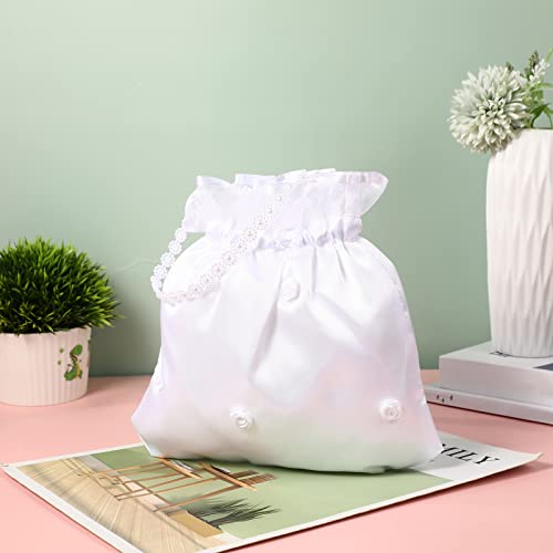 SEWACC Satin Bridal Wedding Money Bag White Satin Flower Decorated Handbag Bridal Bridesmaid Wedding Handbag for Wedding Party Favors