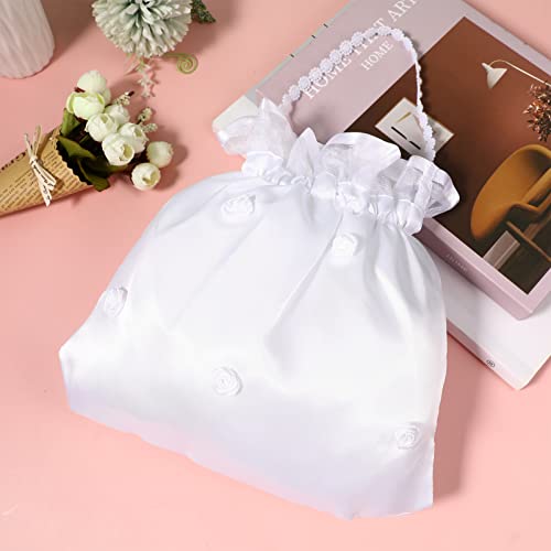 SEWACC Satin Bridal Wedding Money Bag White Satin Flower Decorated Handbag Bridal Bridesmaid Wedding Handbag for Wedding Party Favors