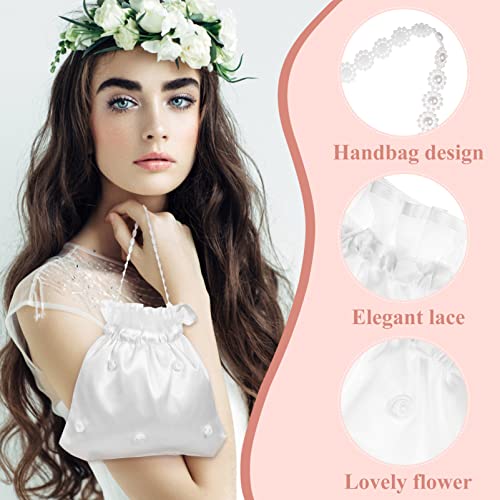 SEWACC Satin Bridal Wedding Money Bag White Satin Flower Decorated Handbag Bridal Bridesmaid Wedding Handbag for Wedding Party Favors