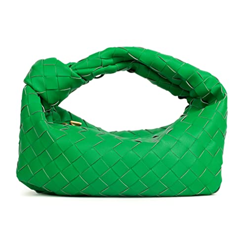 CINQ Boutique - Imported Genuine Leather Woven Knot Designer Women Shoulder Handbag - Green With Gold Accents - 1 Count