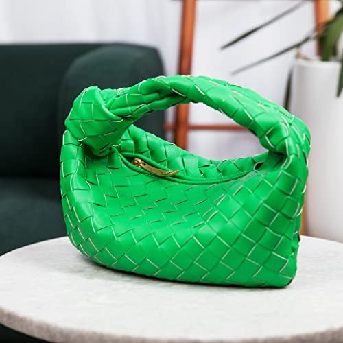 CINQ Boutique - Imported Genuine Leather Woven Knot Designer Women Shoulder Handbag - Green With Gold Accents - 1 Count