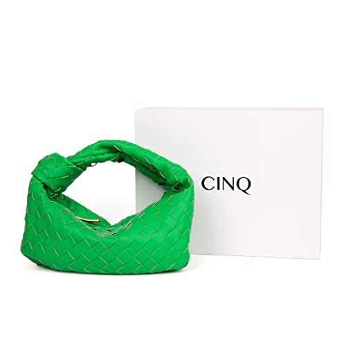 CINQ Boutique - Imported Genuine Leather Woven Knot Designer Women Shoulder Handbag - Green With Gold Accents - 1 Count