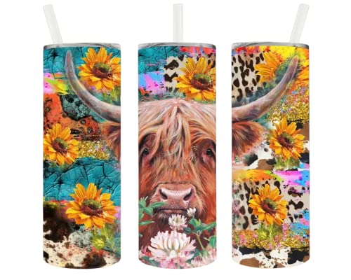 Highland Cow Floral Tumbler Sublimation Wrap - Ready to Press Sunflower Transfer - Cows, 20 oz Straight Tumbler, Tumbler Transfer, Farm