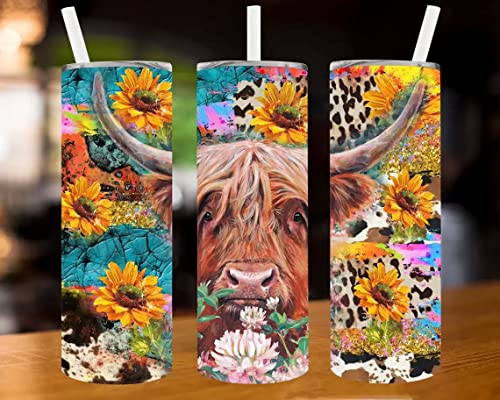 Highland Cow Floral Tumbler Sublimation Wrap - Ready to Press Sunflower Transfer - Cows, 20 oz Straight Tumbler, Tumbler Transfer, Farm