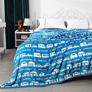 Blue Camping Throw Blanket Plush Soft Coral Fleece Blanket Retro Bus RV Car Camping Bedding Camp Life Live to Camp Happy Camper Blanket Fluffy Warm Camper Gifts for Women Couch Bed Sofa, 60 x 80 Inch