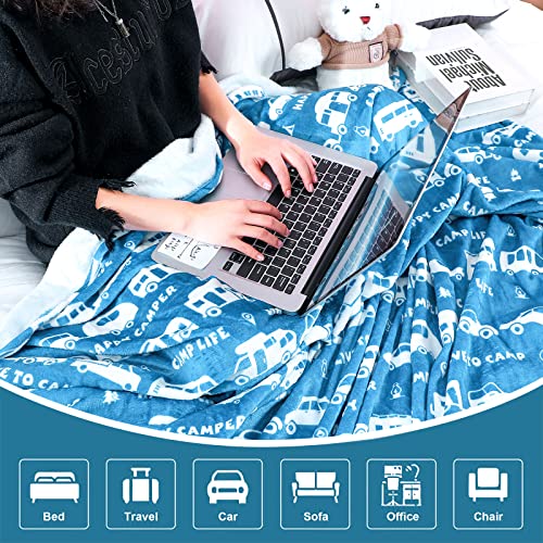 Blue Camping Throw Blanket Plush Soft Coral Fleece Blanket Retro Bus RV Car Camping Bedding Camp Life Live to Camp Happy Camper Blanket Fluffy Warm Camper Gifts for Women Couch Bed Sofa, 60 x 80 Inch