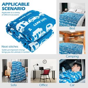 Blue Camping Throw Blanket Plush Soft Coral Fleece Blanket Retro Bus RV Car Camping Bedding Camp Life Live to Camp Happy Camper Blanket Fluffy Warm Camper Gifts for Women Couch Bed Sofa, 60 x 80 Inch