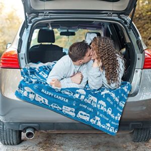 Blue Camping Throw Blanket Plush Soft Coral Fleece Blanket Retro Bus RV Car Camping Bedding Camp Life Live to Camp Happy Camper Blanket Fluffy Warm Camper Gifts for Women Couch Bed Sofa, 60 x 80 Inch