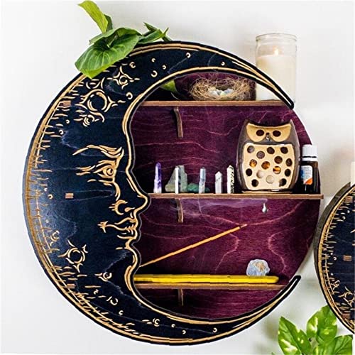 Crescent Moon Shelf for Crystals Stone Essential Oil, Small Plant and Art - Wall Room and Gothic Witchy Decor- Moon Phase Rustic Boho Shelfs - Wooden Hanging Floating Shelves (Purple)