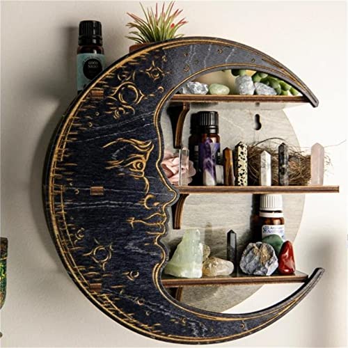 Crescent Moon Shelf for Crystals Stone Essential Oil, Small Plant and Art - Wall Room and Gothic Witchy Decor- Moon Phase Rustic Boho Shelfs - Wooden Hanging Floating Shelves (Purple)