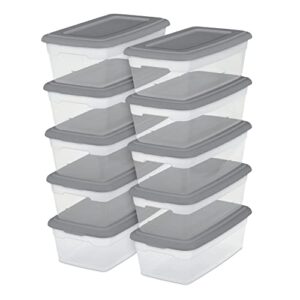 set of (10) 6 qt. clear plastic storage boxes with gray lids