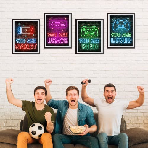 Neon Video Game Decor Set of 4(8"x10"), Boys Room Decorations for Bedroom, Encouragement Gaming Wall Art for Kids Boy Playroom Home Decor, gamer wall art, Teen boy bedroom, No Frames