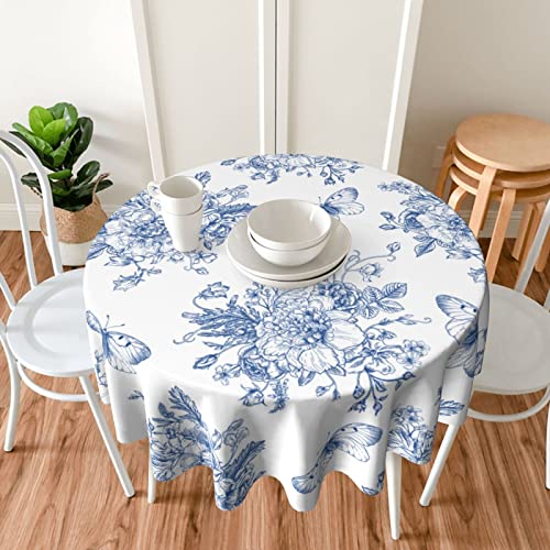 Blue Butterfly Floral Round Tablecloth 60 Inch Farmhouse Rustic Tablecloth Spring Summer Table Cloth, Flower Outdoor and Indoor Table Cover for Home Party Kitchen Picnic Mothers Day Table Cloth Gift