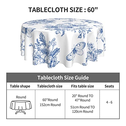 Blue Butterfly Floral Round Tablecloth 60 Inch Farmhouse Rustic Tablecloth Spring Summer Table Cloth, Flower Outdoor and Indoor Table Cover for Home Party Kitchen Picnic Mothers Day Table Cloth Gift