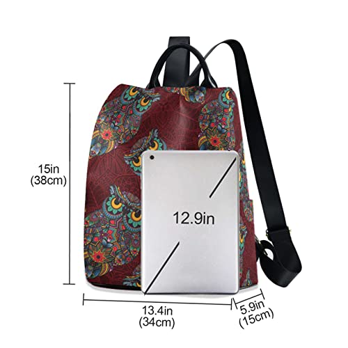 Tribal Pattern Owl Print Casual Backpack for Women, Fashion Anti Theft School Travel Backpack Purse 15 inch Full print Aesthetic with Fuzz Ball Key Chain