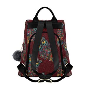 Tribal Pattern Owl Print Casual Backpack for Women, Fashion Anti Theft School Travel Backpack Purse 15 inch Full print Aesthetic with Fuzz Ball Key Chain