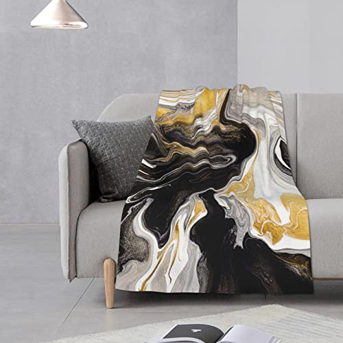 Abstract Black and Gold Swirl Liquid Ink Marble Fleece Blanket - All Season 300GSM Lightweight Plush Fuzzy Cozy Soft Flannel Throw Blanket for Bed Sofa Couch Travel Camping 30x50 inches